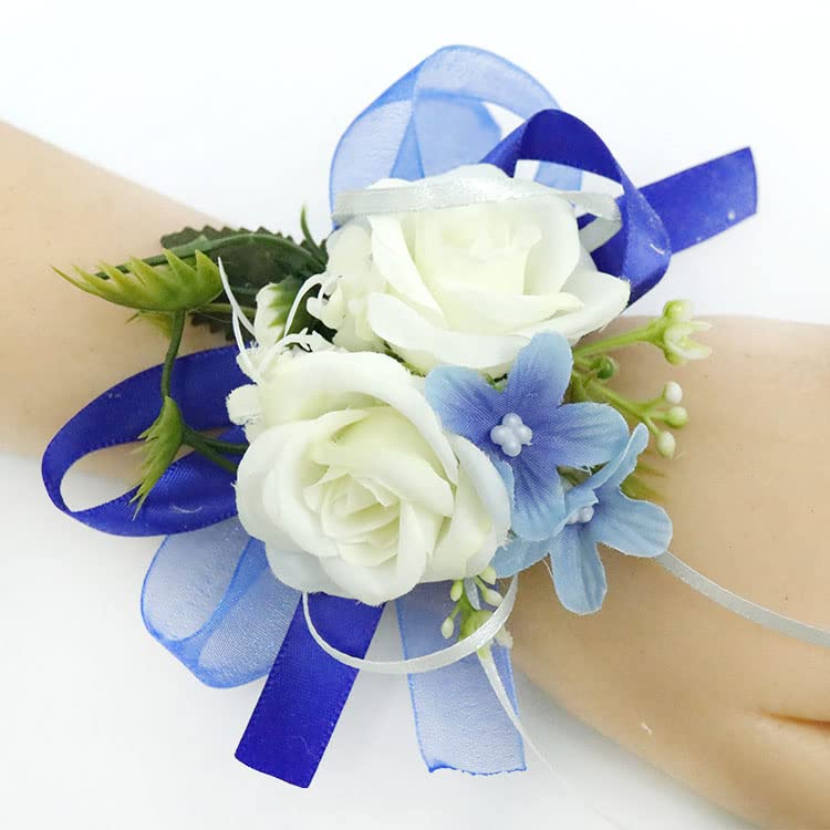 Flowers Wrist Corsage Shoulder Corsage Corsage Wristlet Band Prom Corsage White Roses Blue Wrist Wedding Bracelet Flowers Groom Suit Buttonhole Brooch Marriage Bridesmaid (Color : Wrist-6)