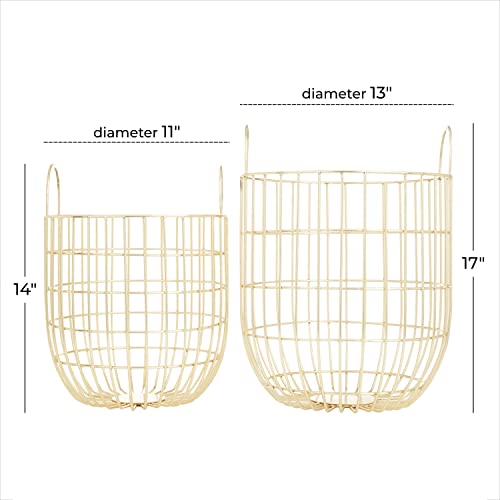 Deco 79 Contemporary Metal Round Storage Basket, Set of 2 13", 11"W, Gold