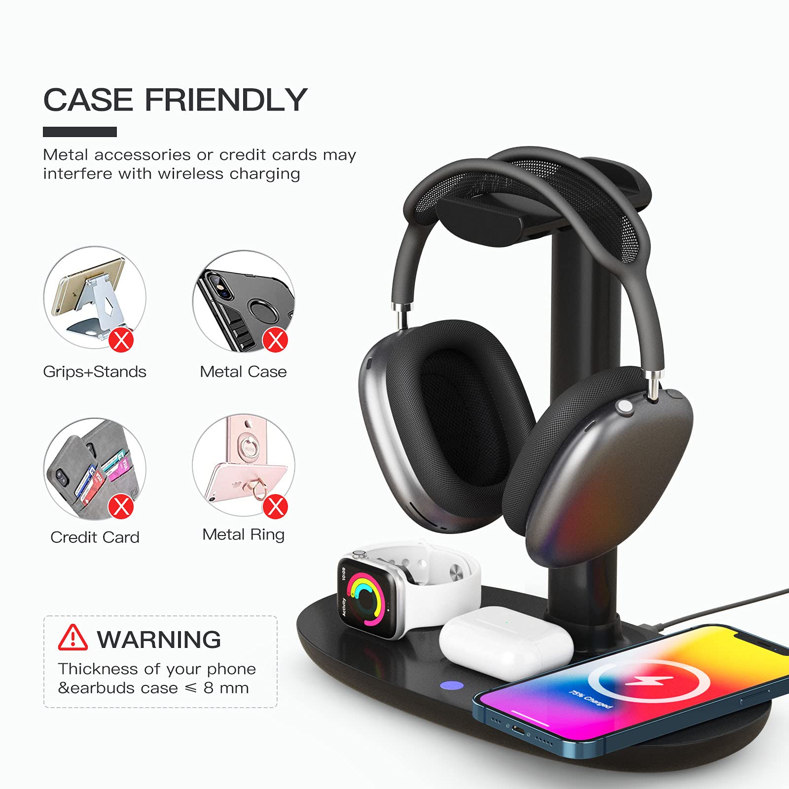 Headphone Stand with 15w Wireless Charger, Suguder 4 in 1 Charging Station Headset Holder for AirPods Max/Pro/4/3/2 iWatch 10/9/8/7/6/5/4/3/2/1/SE iPhone 16/15/14/13/12/11/X for Desktop Table Game