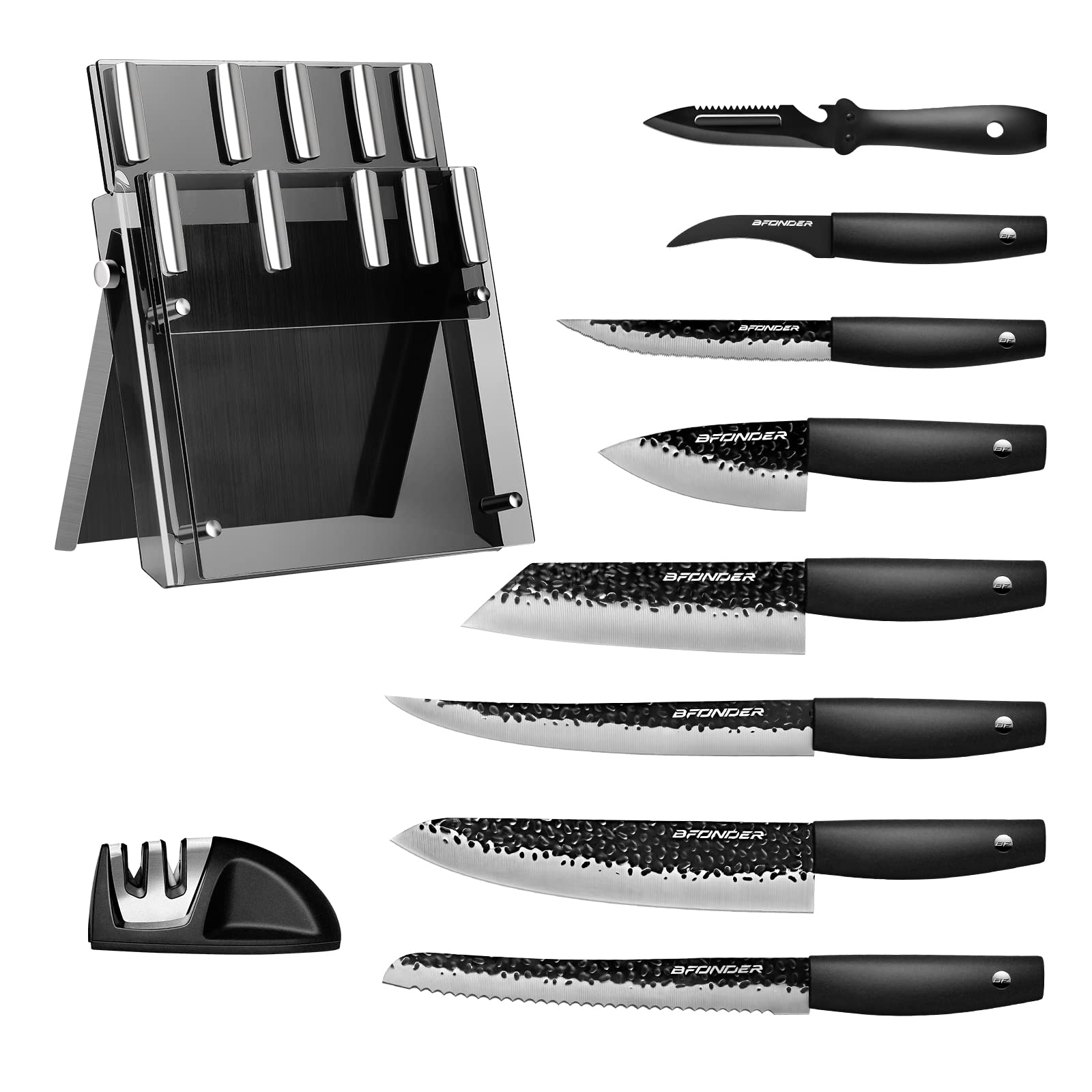 Bfonder 11pcs Kitchen Knife Set Knife Block Set with Sharpener Black, Japanese Knife Set with Block Stainless Steel Knives with Stylish Modern Acrylic Stand