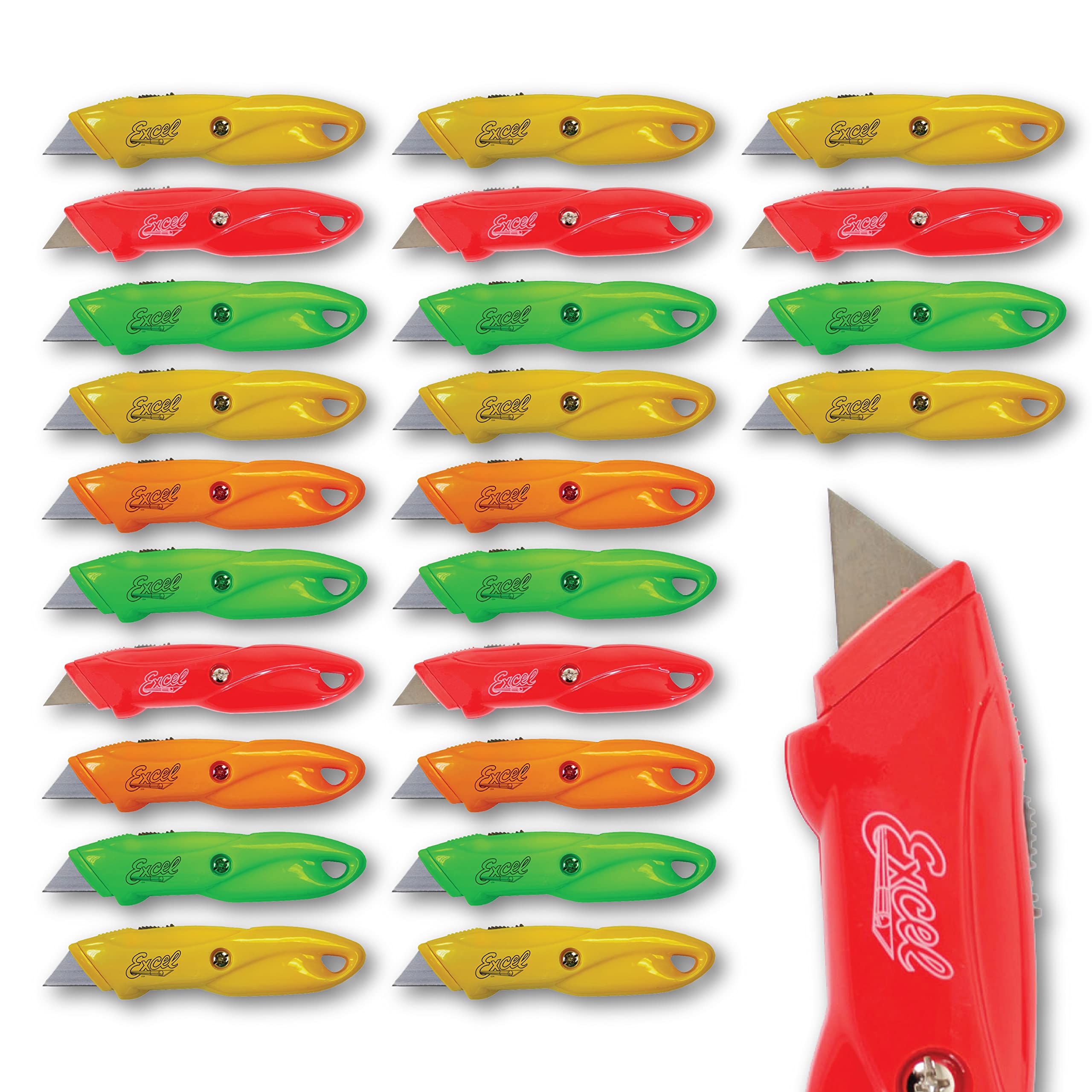 Excel Blades Box Cutters Retractable Pack by Excel Blade - 25 Pc Box Cutters Bulk pack - Retracting Box Cutter - Assorted Box Cutters for Cutting Boxes, Cartons, Cardboard & More - Assorted Colors