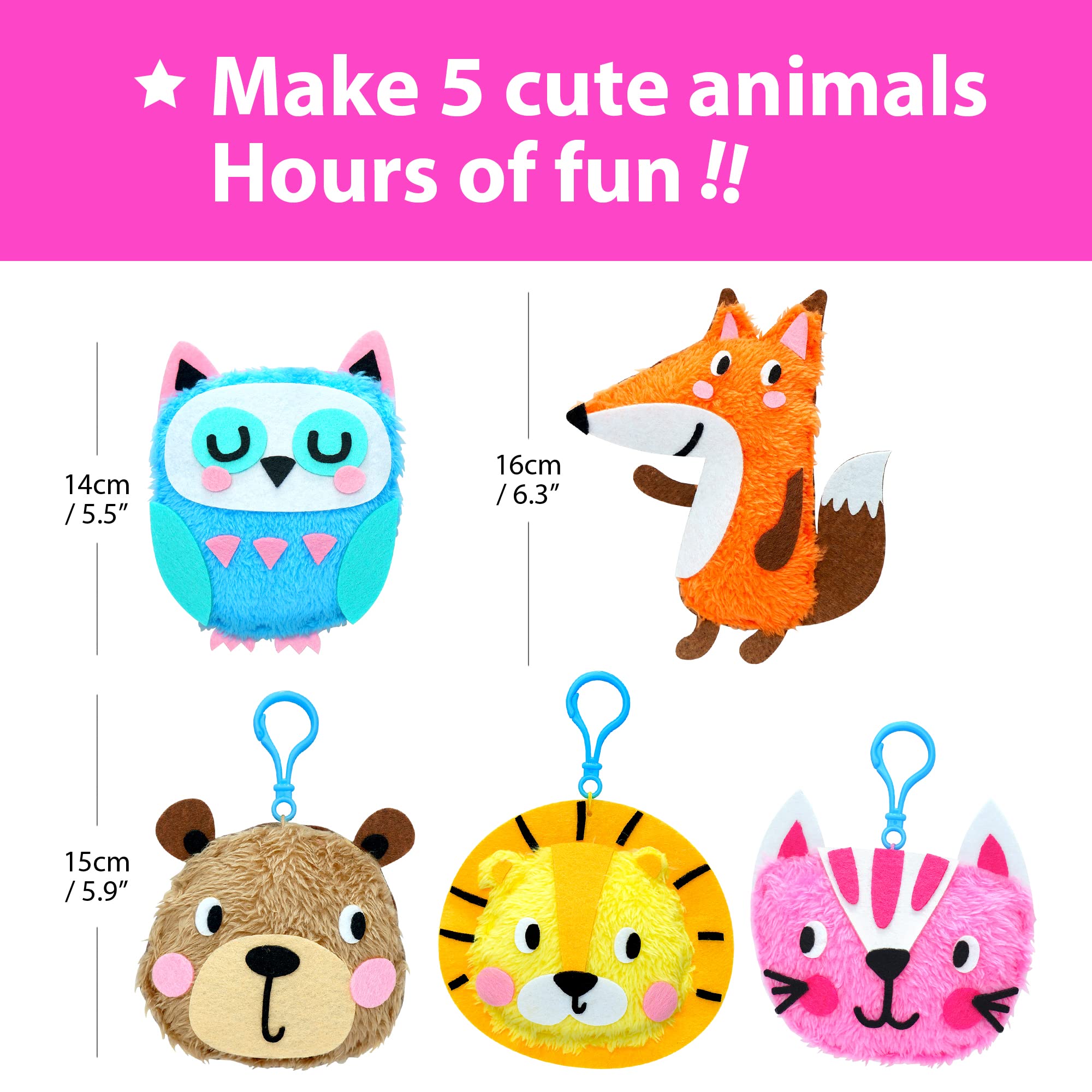 KRAFUN My First Sewing Animal for Kids, Beginner Art & Craft, 5 Easy Activities Stuffed Animal Dolls, Keyring Charms, Instructions & Felt Materials for Learn to Sew, Embroidery