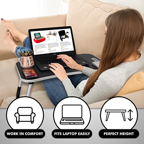 Folding Lap Desk for Bed and Sofa - Portable Wide Surface Bed Desk with Built-in Cup Holder and Tablet or Phone Slot for Working, Studying, Eating, and Watching Movies (Dark Grey)