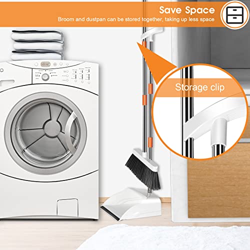 Broom and Dustpan Set,Upright Standing Dust Pans with 54" Stainless Steel Long Handle,Dustpan and Broom Combo for Home Kitchen Office Lobby Floor Cleaning,Outdoor/Indoor Household Brooms-White+Orange