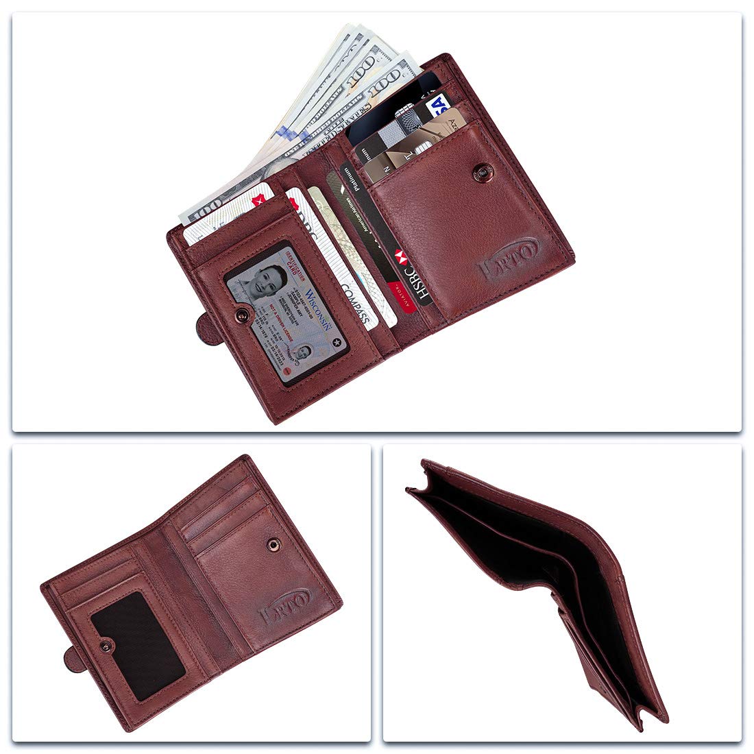 LRTO Genuine Leather Small Purse Wallet for Women RFID-Blocking Handmade Clutch Wallets Money Clip Card Organizer (Brown)