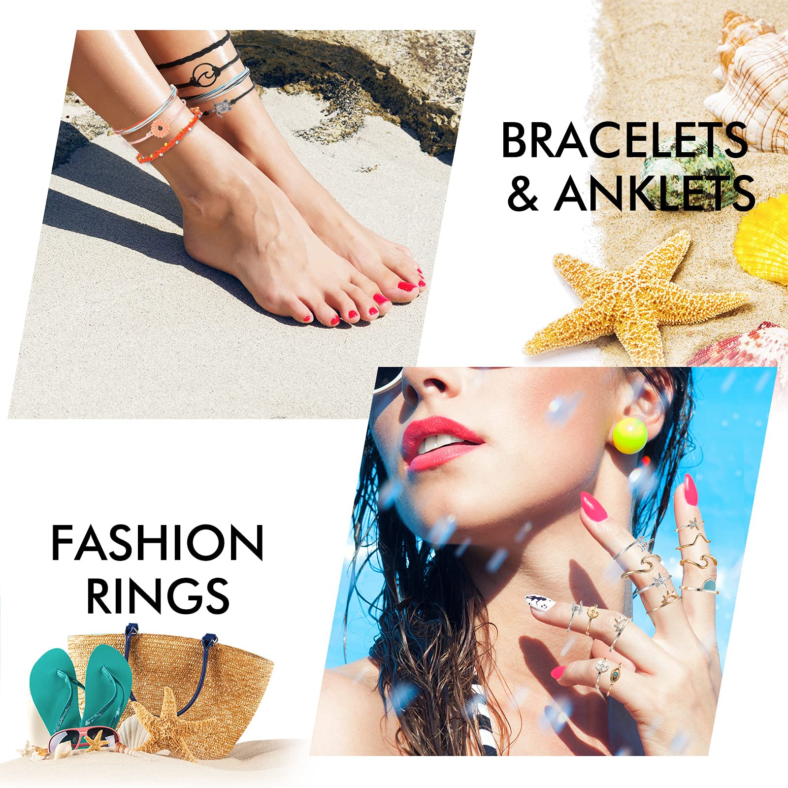 Batiyeer 60 Pcs Surfer Wave Strand Bracelet Summer Layered Choker Pendant Necklace Adjustable Multilayer Chain Necklaces Adjustable Handmade Sunflower Rope Anklets Knuckle Rings (Cute)