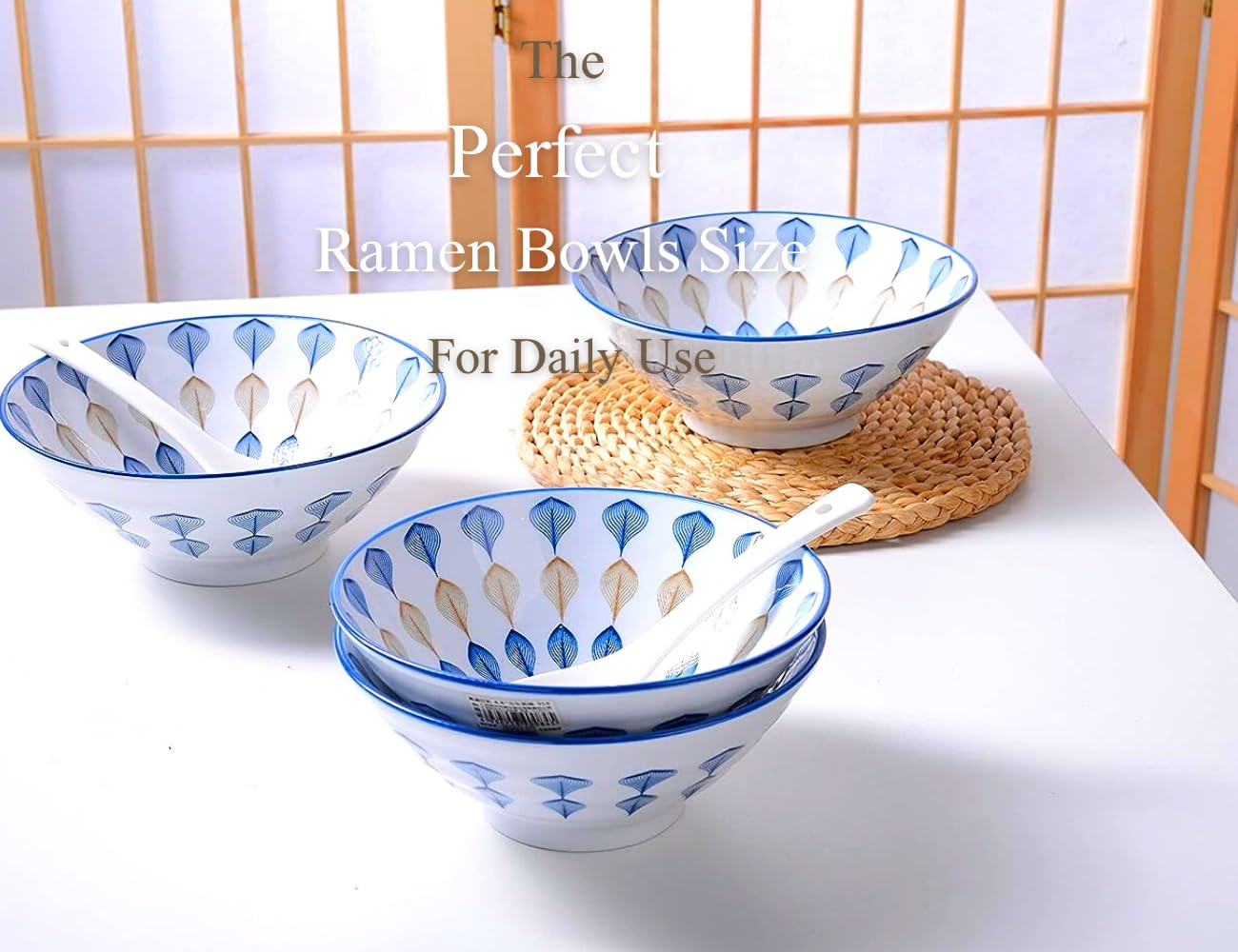 Braque Ceramic Japanese Ramen Bowl, Set of 2, 28.7oz Porcelain Bowls with Spoons – for Ramen, Pho, Udon, Soup, Salad – Asian Rustic Design, Chip Resistant, High Grade Lead & BPA Free - Leafage Echo