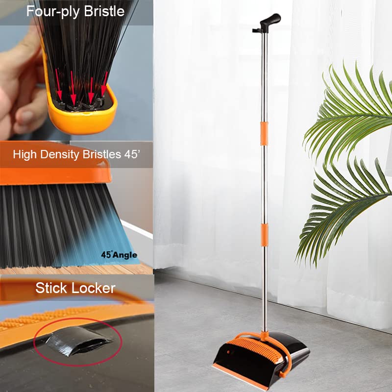 Broom and Dustpan Set-Self Cleaning with Dustpan Teeth Standing Dust Pan Self Cleaning with Dustpan Teeth Standing Dust Pan for Home Kitchen Easy Assembly, Orange