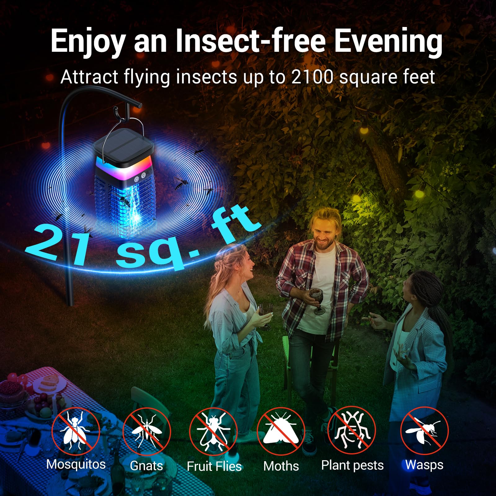 Bug Zapper Outdoor Indoor Mosquito Zapper Solar Fly Zapper Rechargeable Electric IP70 Waterproof Plug in with RGB Light & Reading Lamp for Patio Camping Home Backyard