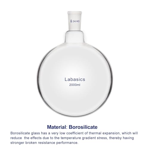 Labasics Glass Round Bottom Flask, Borosilicate Glass Heavy Wall Short Neck Round Bottom Flask RBF Single Neck Flask with 24/40 Standard Taper Outer Joint, 2000 ml