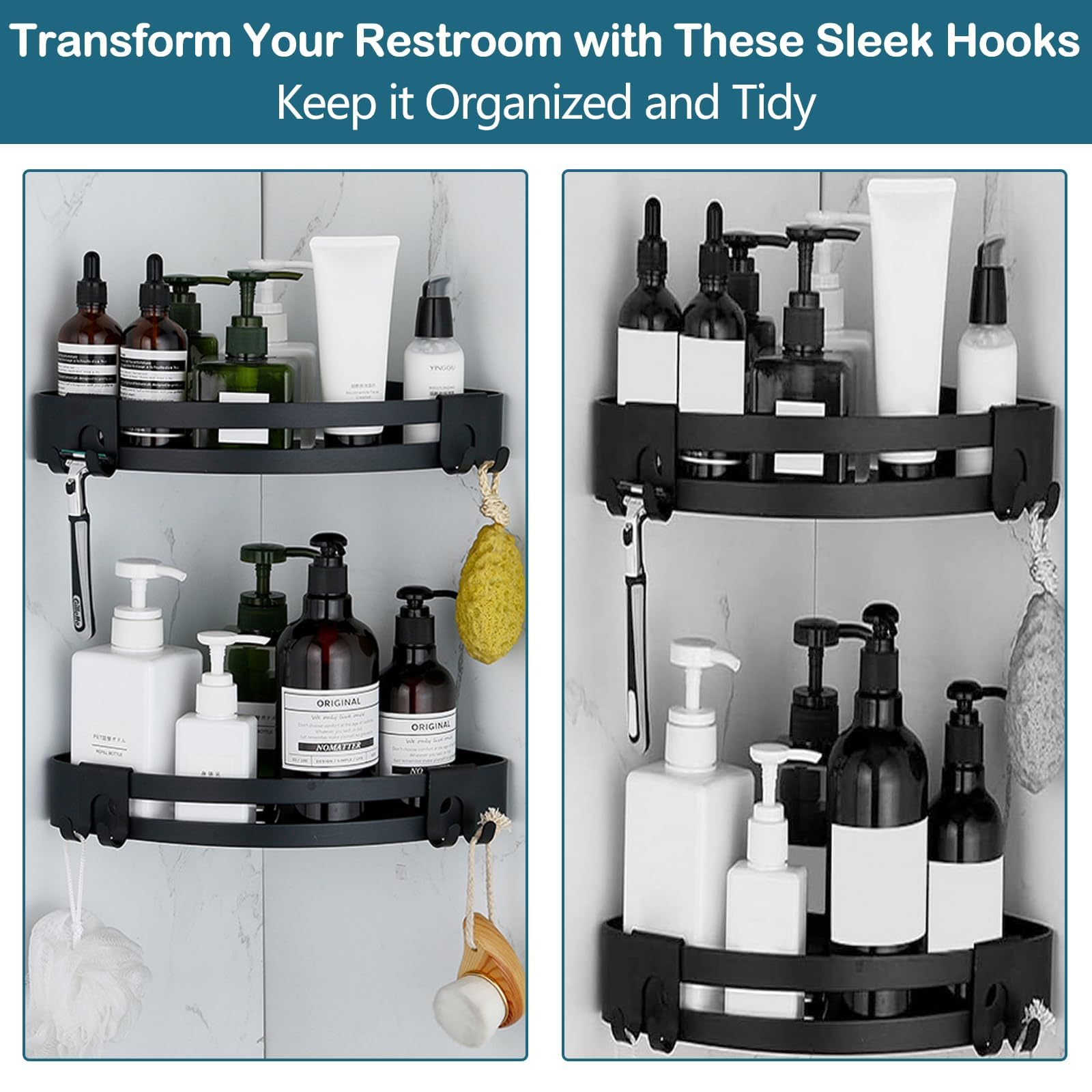 Chaofatchoy Shower Caddy Shelf Basket Rack Hooks Stainless Steel Metal Bathroom Hangers Hanging for Loofah Robe Massage Towel Squeegee Sponge Shower Brush Body Bath Scrub Washcloth Luffa Razor 2 Pack