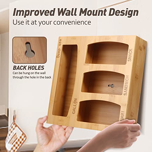 Deep sea Ziplock Bag Storage Organizer and Dispenser for Kitchen Drawer, Bamboo Kitchen Food Storage Bag Holders Compatible with Gallon Quart Snack Bags & Sandwich
