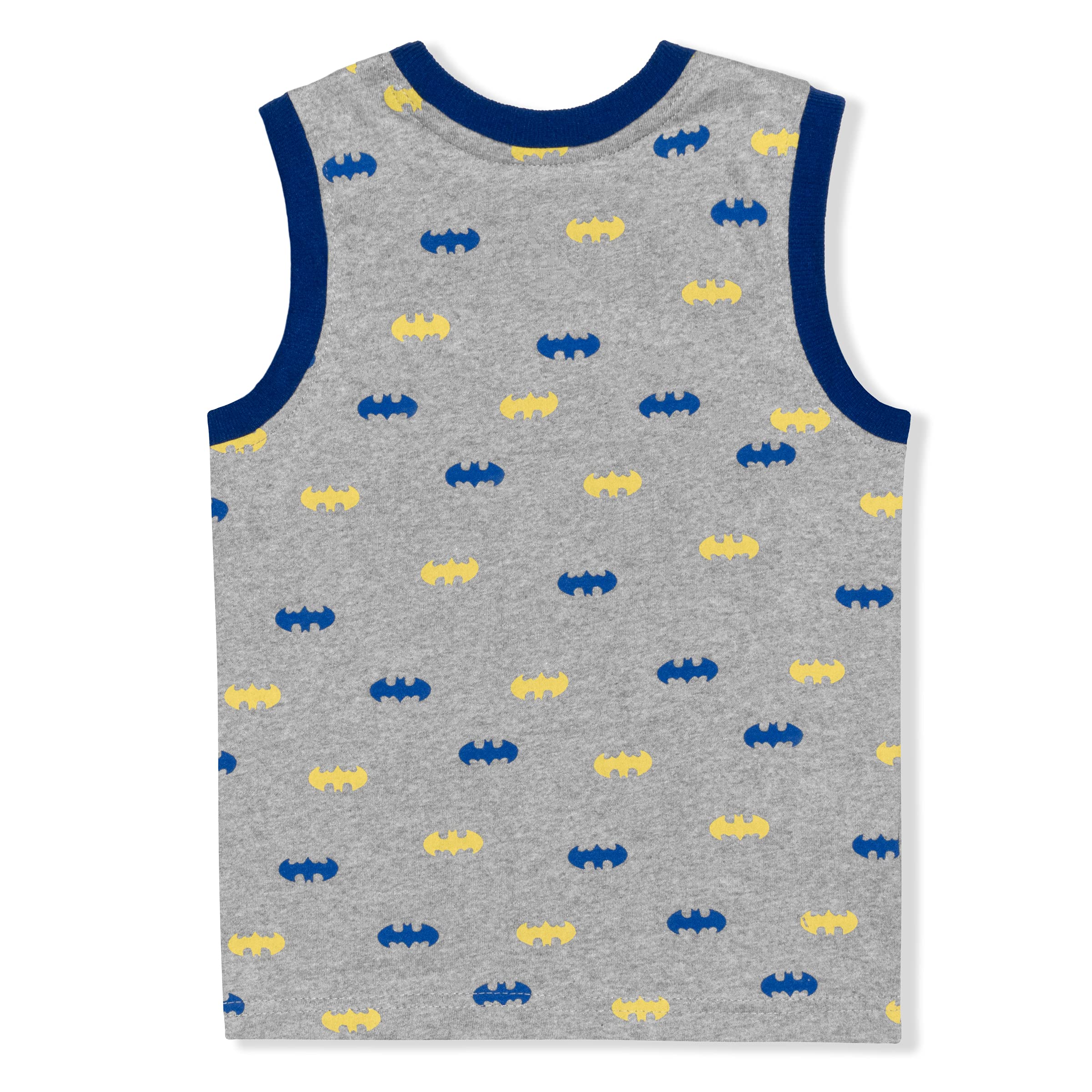 BATMAN DC Comics Boys T-Shirt, Tank Top and Short Set for Toddler and Little Kids – Blue/Black/Grey or Yellow/Gray/Black