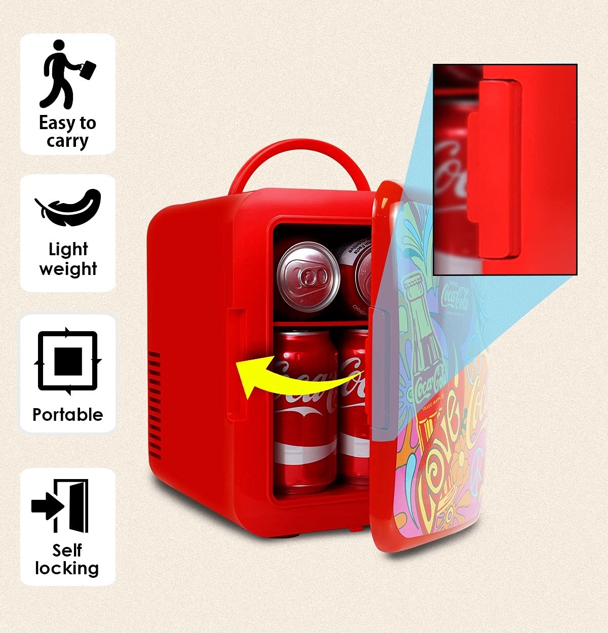 Coca-Cola Peace 1971 Series Portable 6 Can Thermoelectric Mini Fridge Cooler/Warmer, 4 L/4.2 Quarts Capacity, 12V DC/110V AC for home, dorm, car, beverages, skincare, cosmetics, medication