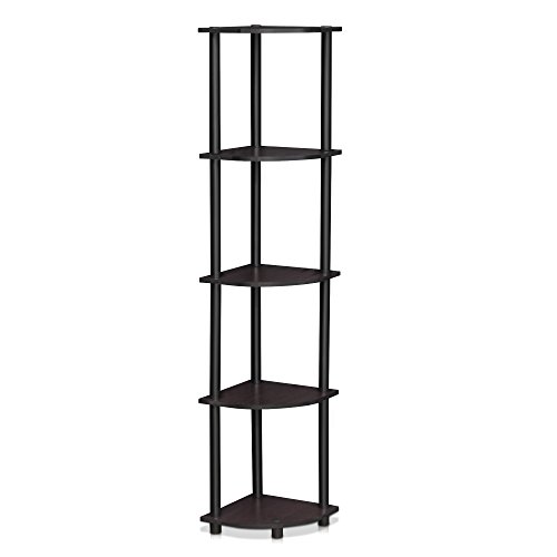 Furinno Pasir 3-Tier Open Shelf Bookcase, Espresso & Turn-N-Tube 5 Tier Corner Display Rack Multipurpose Shelving Unit, 1-Pack, Dark Walnut