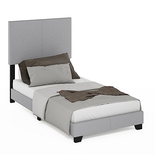Furinno Pessac Fabric Upholstered Bed Frame with Wooden Slat Support, Twin, Glacier