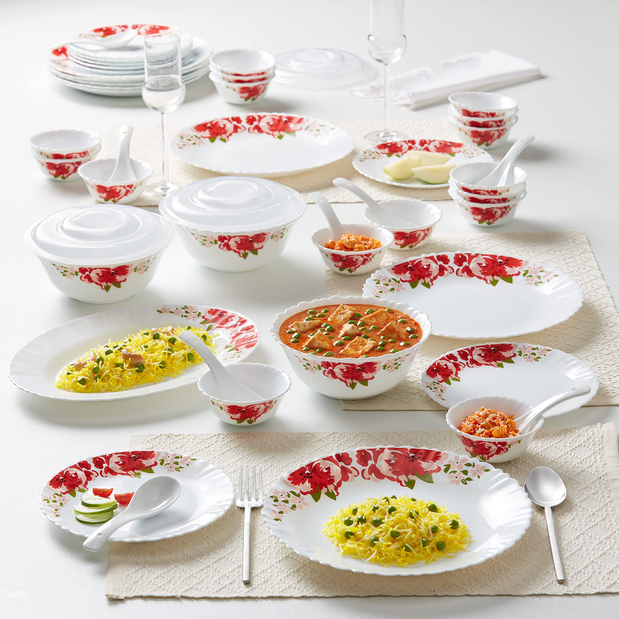 Borosil Gourmet Dinnerware Set For 6, 35 Pieces, White Dinner Plates and Bowls , Chip Resistant Tempered Opal Glass, Stain Resistant, Dishwasher & Microwave Safe Dinner Set For Gifting, Serves 6