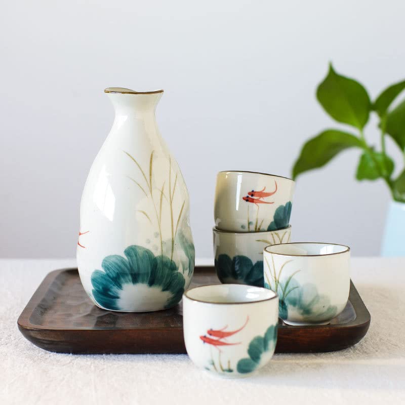 Caalio Japanese Sake Set - Porcelain Sake Tokkuri Bottle 8 fl oz and Four Sake Ochoko Cups 2 fl oz Sake Cups Soju Tea Set(Goldfish)