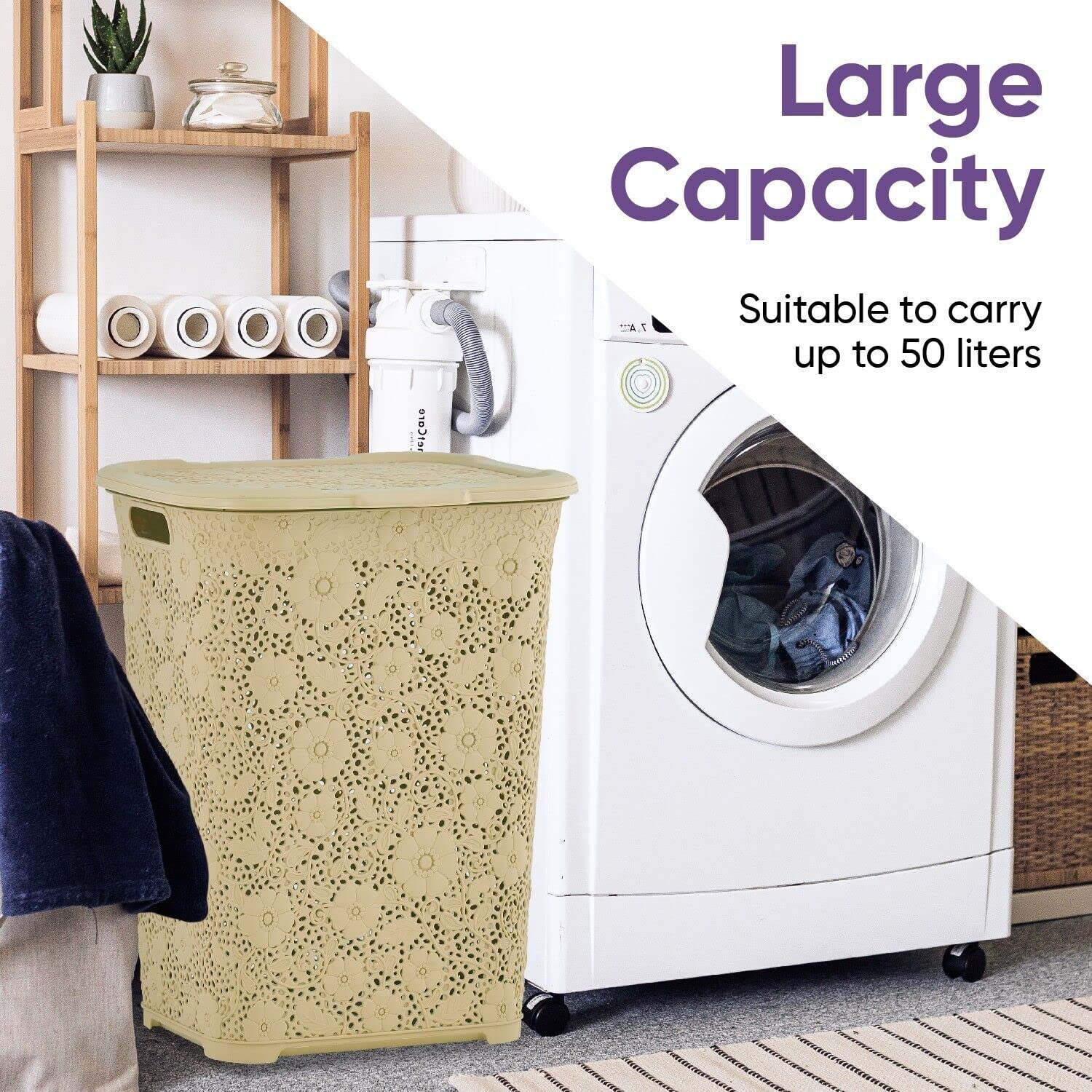 Superio Laundry Hamper with Lid Lace Design 50 Liter β 2 Pack Laundry Hamper Basket with Cutout Handles, Rectangular Shape Modern Style Bin -Dirty Cloths Storage (Beige 2 Pack)