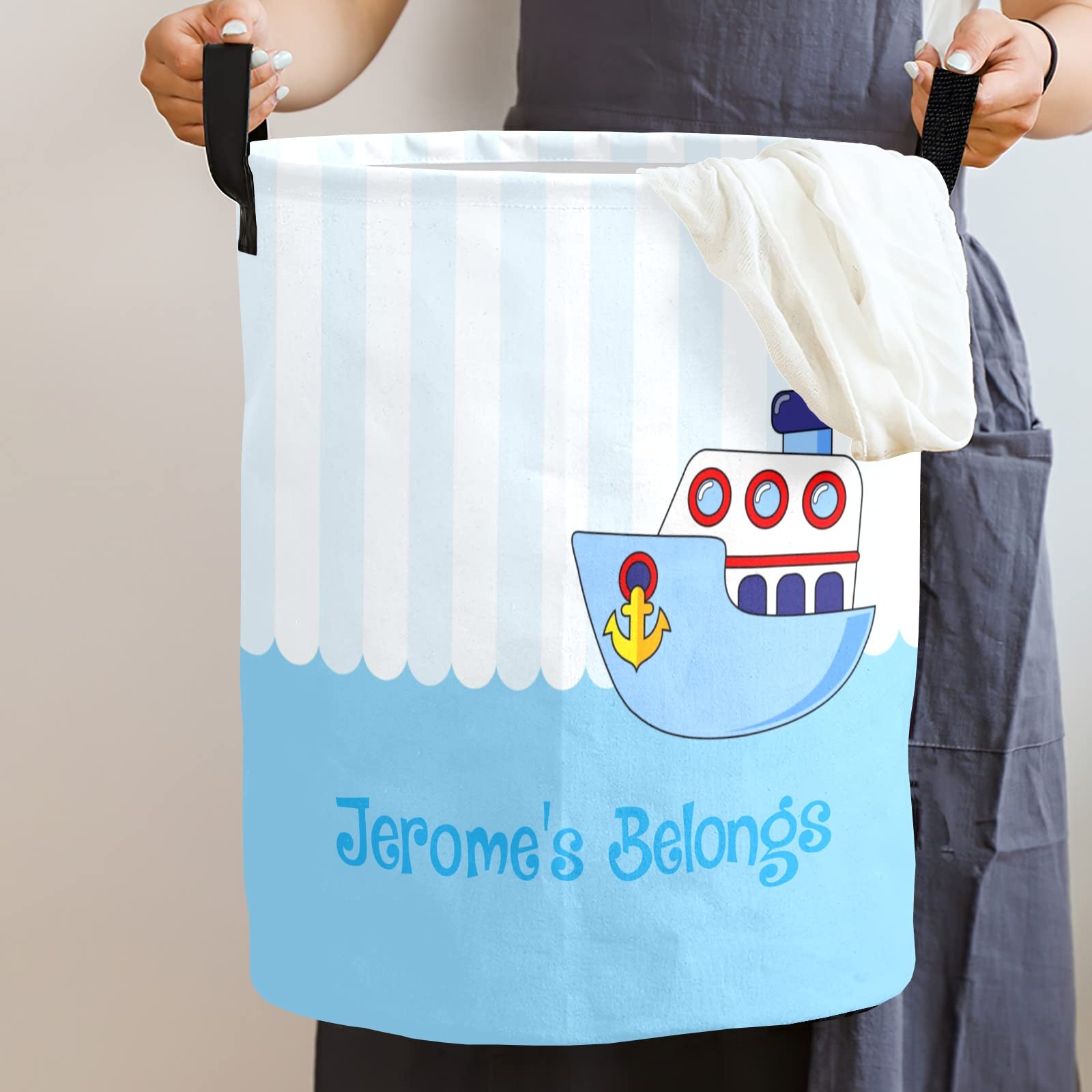 Custom Laundry Hamper, Cartoon Striped Blue Ship Boat Laundry Basket Round Clothes Storage Basket for Bedroom, 14.17x19.68 in