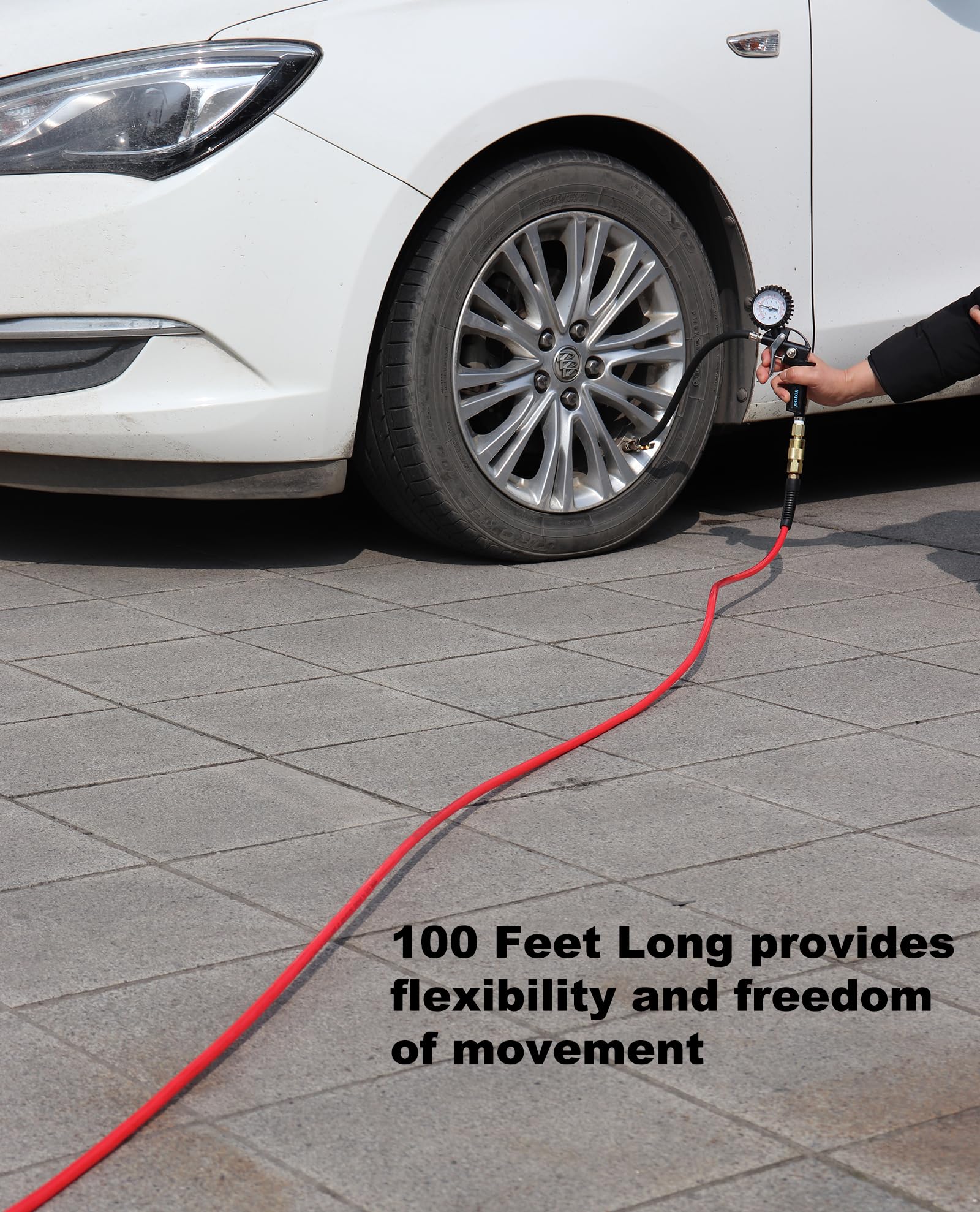 YOTOO Reinforced Polyurethane Air Hose 1/4" Inner Diameter by 100' Long, Flexible, Heavy Duty Air Compressor Hose with Bend Restrictor, 1/4" Swivel Industrial Quick Coupler and Plug, Red