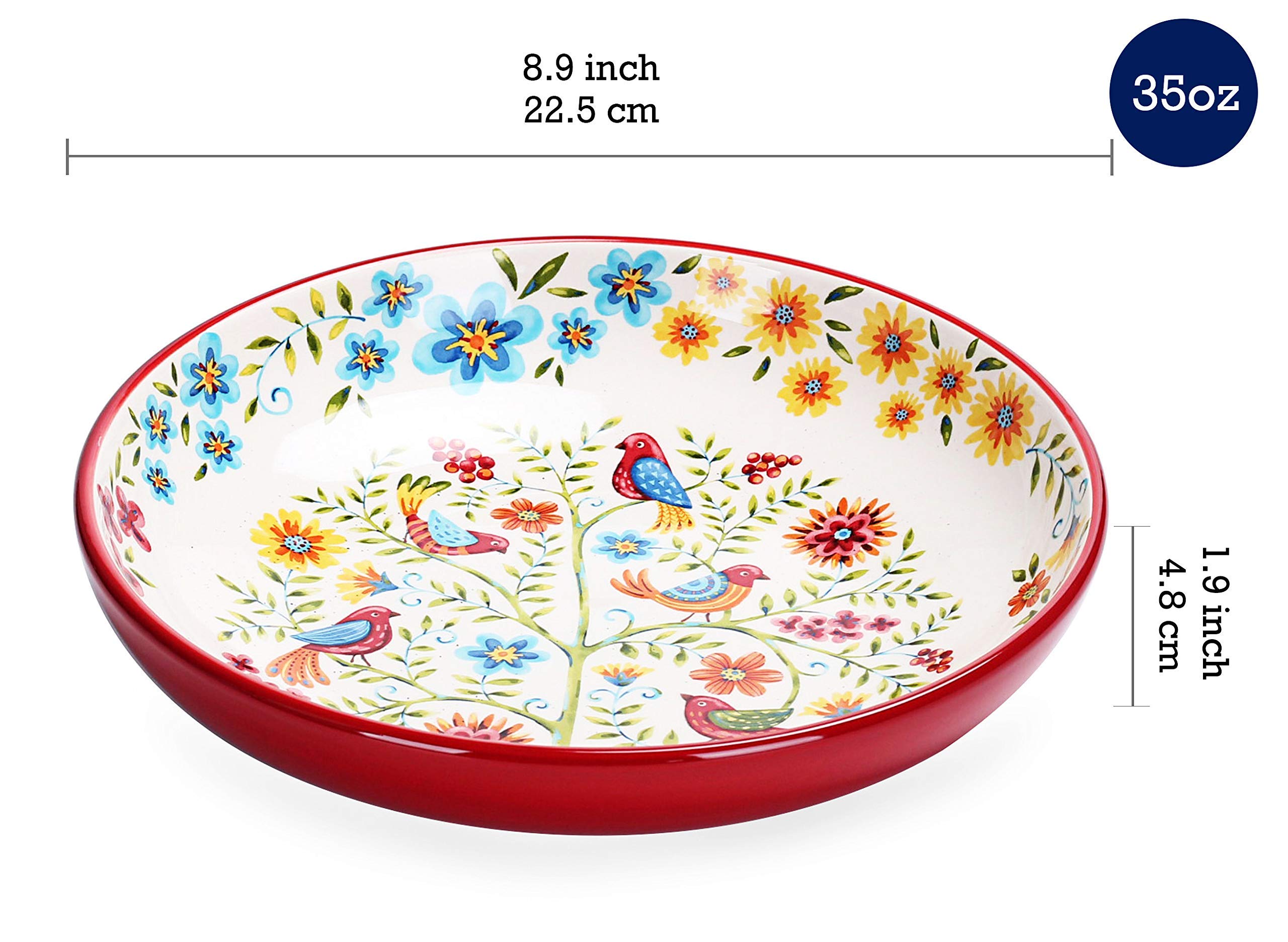 Bico Red Spring Bird Ceramic Pasta Bowl, Set of 9(1 unit 214oz, 8 units 35oz), for Pasta, Salad, Microwave & Dishwasher Safe