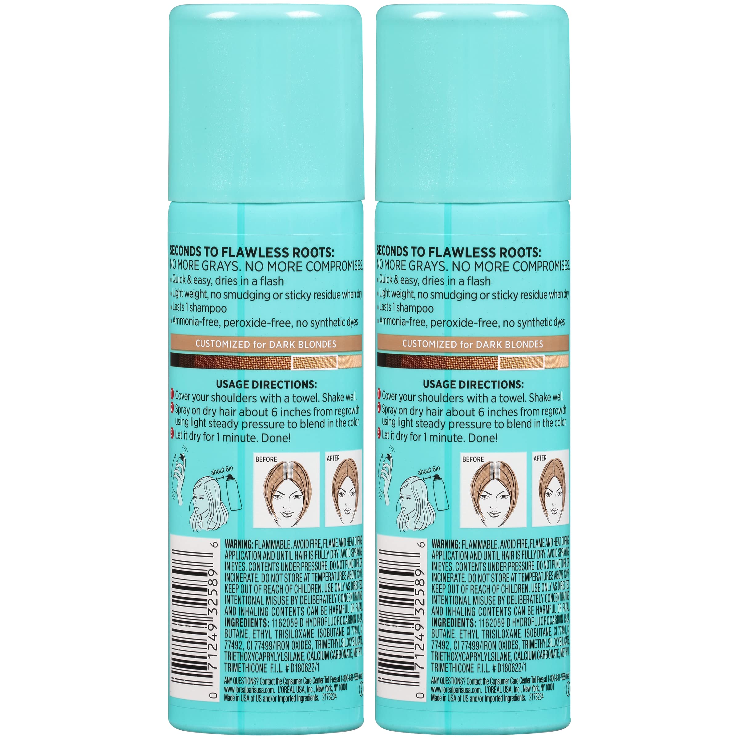 L'Oreal Paris Root Cover Up Temporary Gray Concealer Spray, Hair Color Spray with Filling & Thickening Coverage, Dark Blonde, Pack of 2, Packaging May Vary