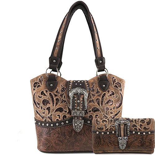 Justin West Gleaming Laser Cut Rhinestone Buckle Studded Concealed Carry Handbag Purse (Coffee Purse Wallet Set)