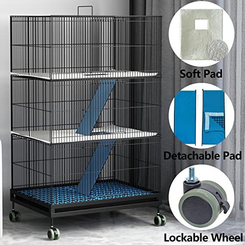 KINGBO 3-Tier Ferret Cage with 3 Front Doors, 23" × 17" × 39" Wire Cage, Animal Cage for Hamster, Rat, Chinchilla, Squirrel, Gerbil, Rabbit, Sugar Glider Cage with Wheels (Black)