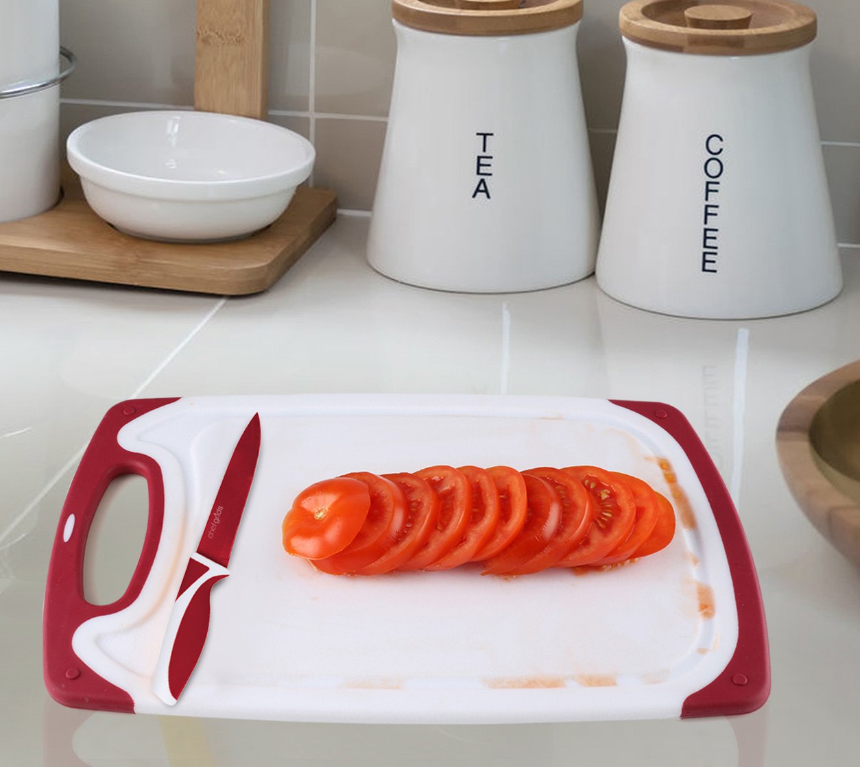 CHEF GRIDS Durable Plastic Cutting Board Set, Chopping Board Thick Plastic, for Vegetable Meat or Cheese with Non-Slip Feet and Handles with Juice Groove (Red, Blue, Grey)