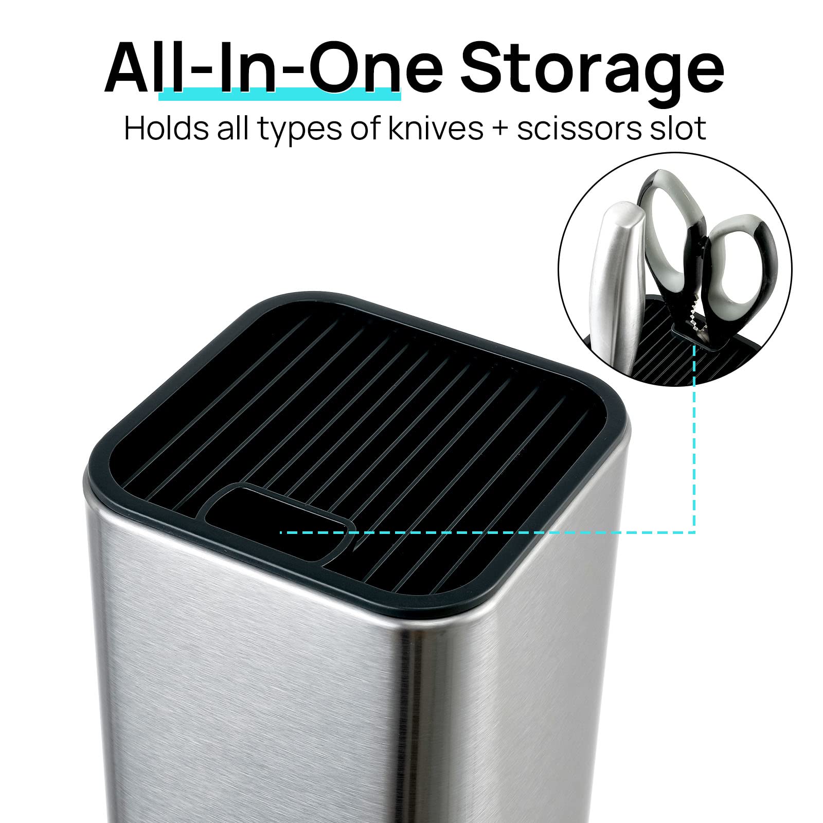 BIARTS Universal Knife Block without Knives Stainless Steel Knife Holder for Kitchen Counter with Drainage Hole Knife Storage for Countertop Modern Design, Rectangle, 4.4"L x 4.9"W x 9.4"H
