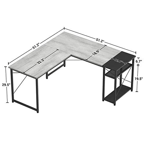 Foxemart L-Shaped Computer Desk, Industrial Corner Desk Writing Study Table with Storage Shelves, Space-Saving, Large Gaming Desk 2 Person Table for Home Office Workstation, Gray Oak and Black