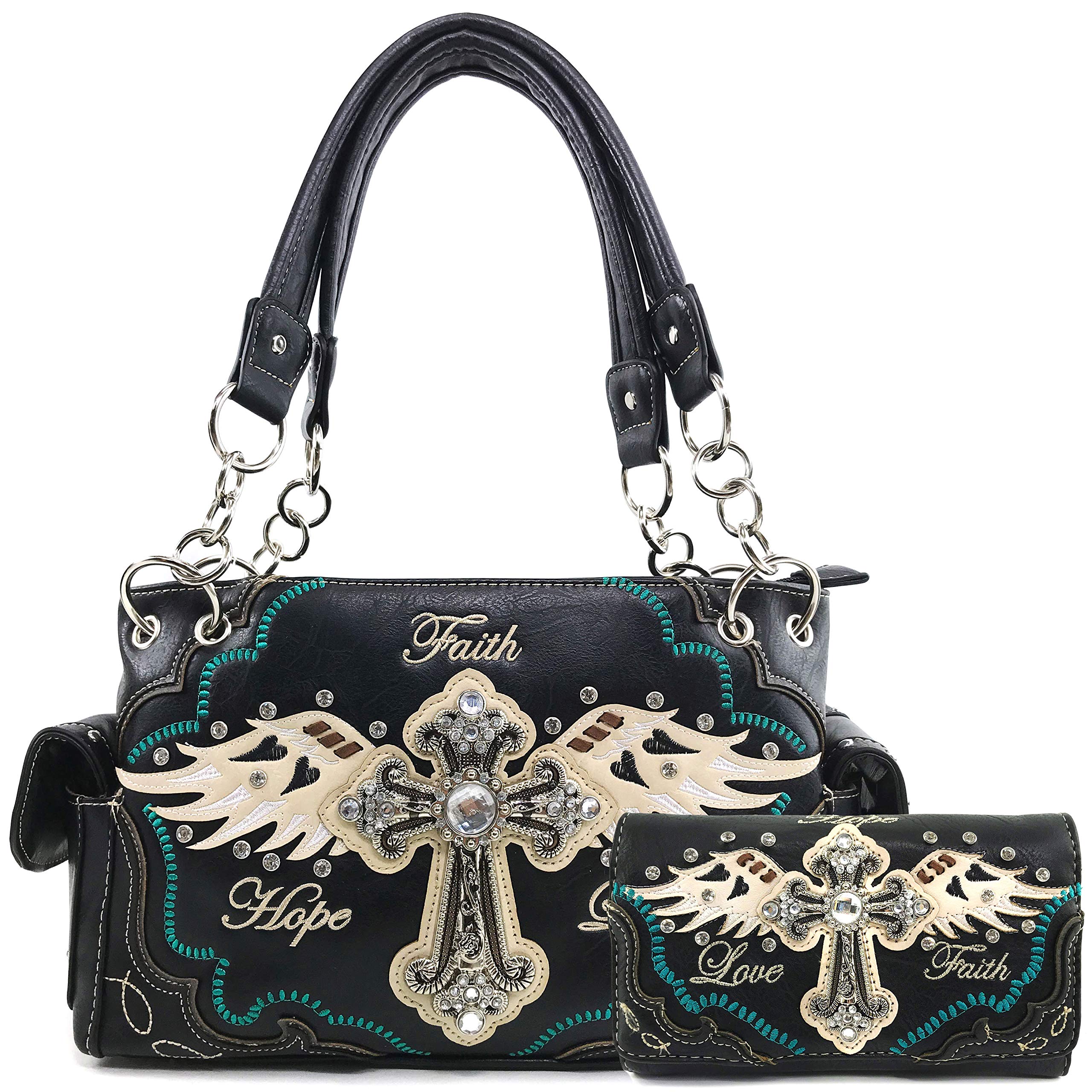 Justin West Women's Concealed Carry Angel Wings Cross Faith Hope Love Western Handbag Tote Purse (Black Handbag Wallet Set)