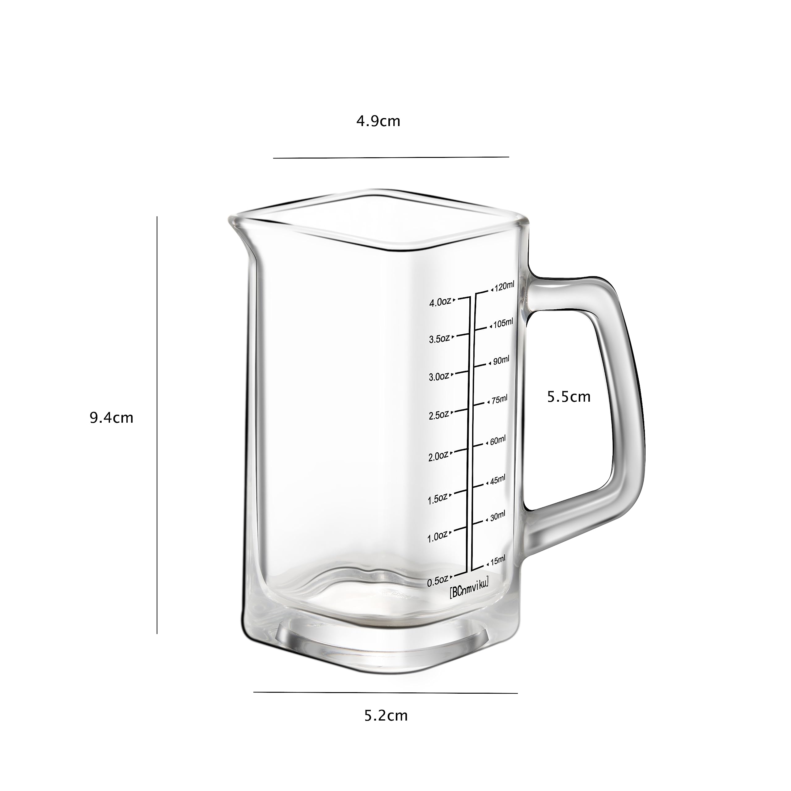 BCnmviku Square Measuring Cup Shot Glasses With Glass handle 4 Ounce/120ML V-Shaped Spout Espresso Glass Cup Liquid Heavy High Wine Separator Glasses (Black Line)