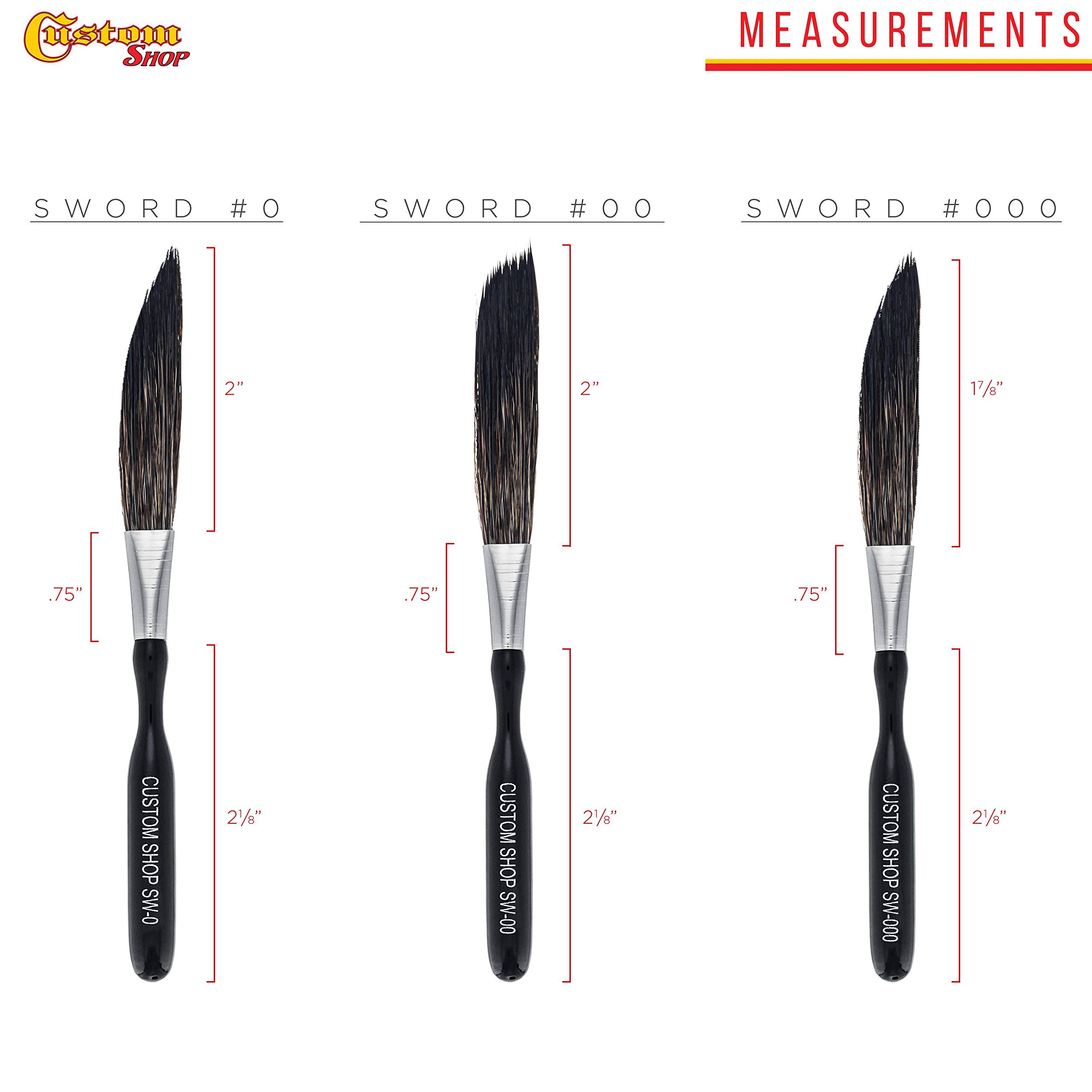 Custom Shop SW Sword Pinstriping Brush 3 Size Kit (#0, 00, 000) One of Each All 3 Brush Styles - High Performance Striping Brushes
