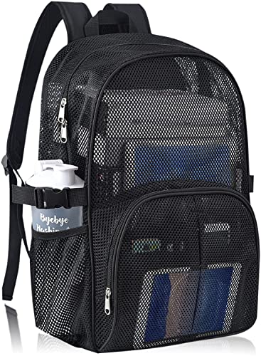 Heavy Duty Mesh Backpack for Adults, 22L Mesh Backpack for School, See Through Black Mesh Bookbag for Boys Girls with Comfort Padded Straps for School, Beach, Swimming, Fitness, Sports(Black)
