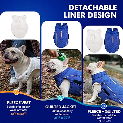 Dog Winter Coat Quilted Dog Jacket Reflective Insulated Dog Parka Detachable Fleece Liner Design Water Resistant Windproof Dog Clothes for Small Medium Dogs(XL, Dark Blue)