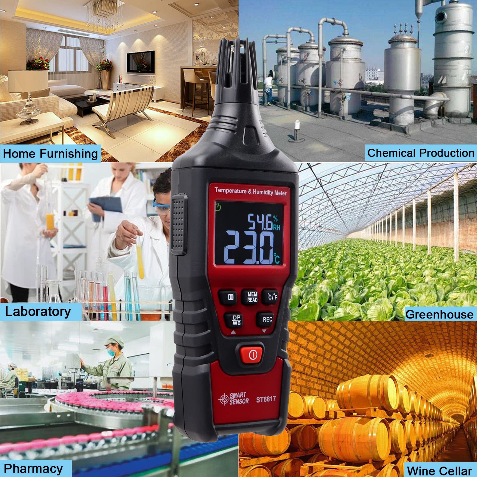 Lunarlipes ST6817 Thermometer Hygrometer, Digital Temperature Humidity Meter, Handheld Thermometer Hygrometer with Ambient, Dew Point, Wet Bulb for Outdoor and Indoor, Max/Min Hold, LCD Backlight