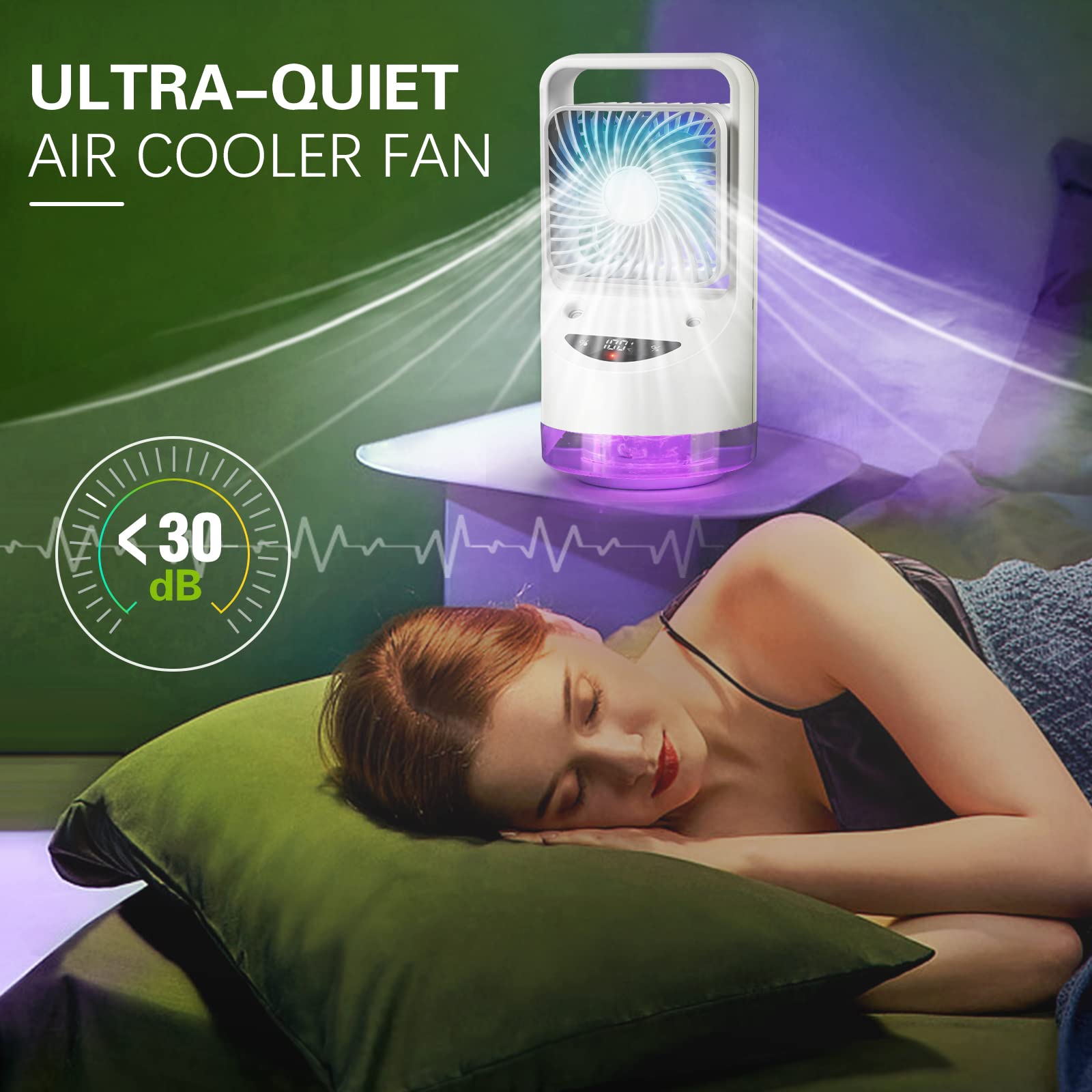 Portable Air Conditioner Fan, Rechargeable Evaporative Air Cooler, Personal Air Cooler Humidifier with 3-Speed, 90° Oscillating, 7 Colors Light, Aroma Discs, Desk Cooling Fan for Home Office Camping