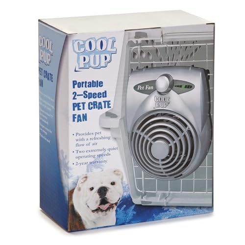Cool Pup Crate Fan, 8x6.25x2.5β in Size β Quiet Battery Fan Keeps Dogs & Cats Cool with Built-in Thermometer, Silver