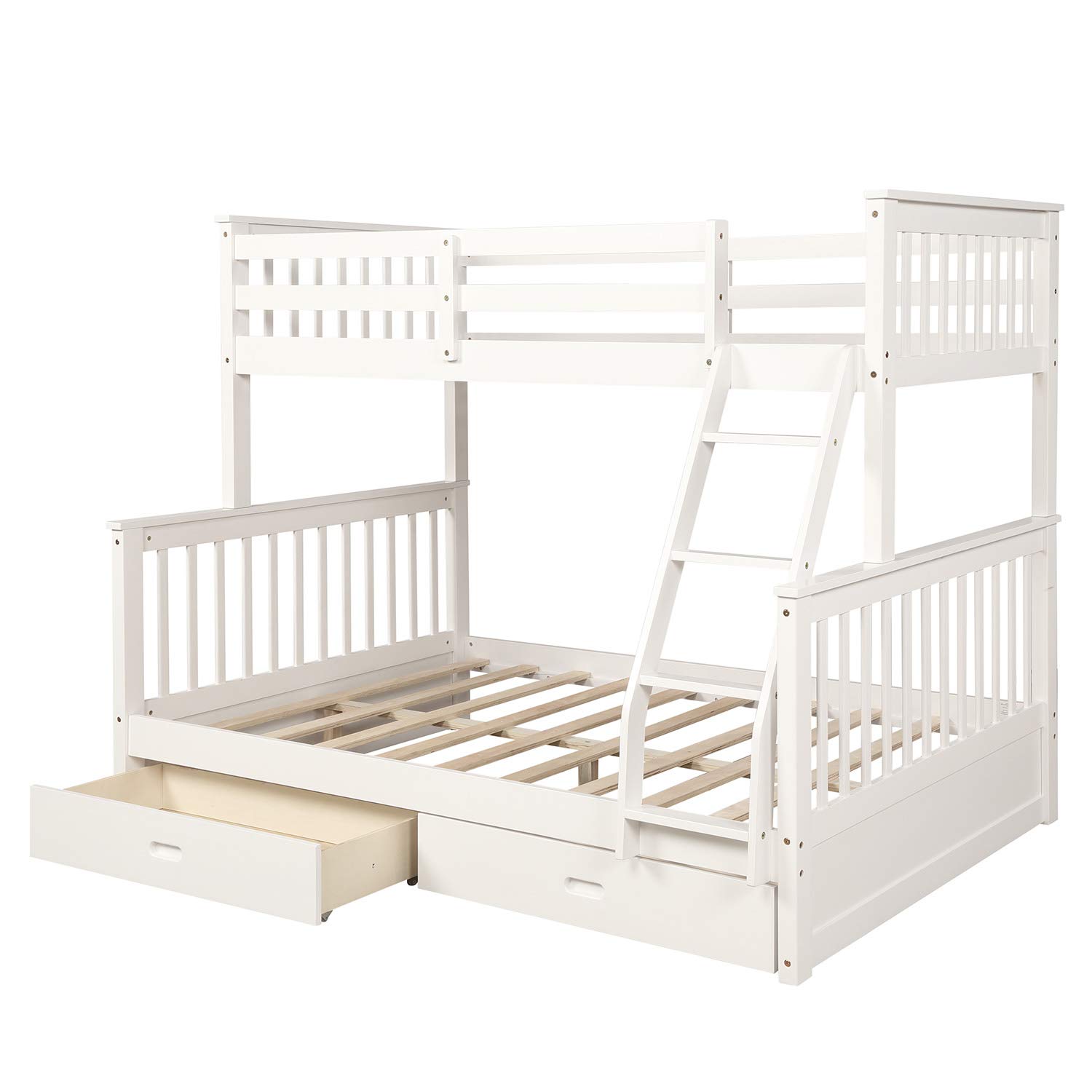DS-HOMEPORT Twin Over Full Bunk Bed with Two Storage Drawers, Wooden Bunk Beds Frame w/Safety Guardrail & Ladder, Soild Wood Space-Saving Bunkbed for Bedroom Kids Teens Adults(White)