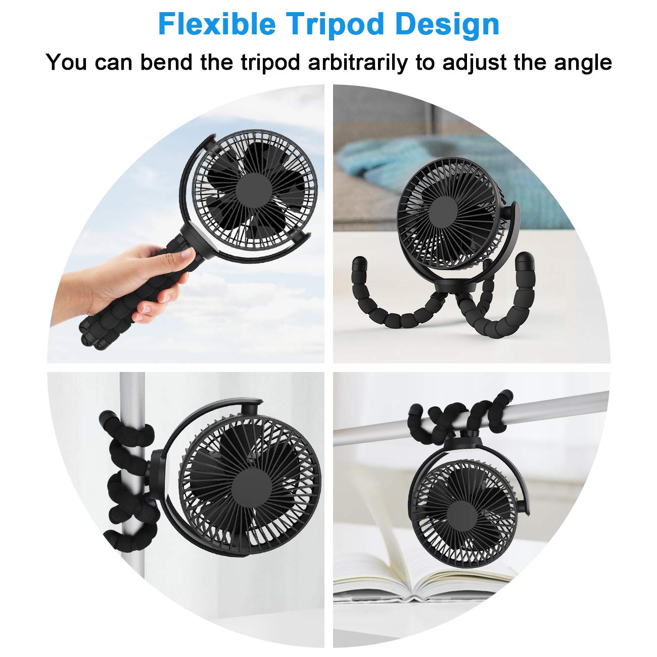Portable Rechargeable Baby Stroller Fan, 5000mAh Battery Operated Tripod Clip on Fan, 20 Hours Work, 3 Speeds, Small USB Handheld Personal Fan, Ideal for Desk, Treadmill, Outdoor, Golf Cart, Car