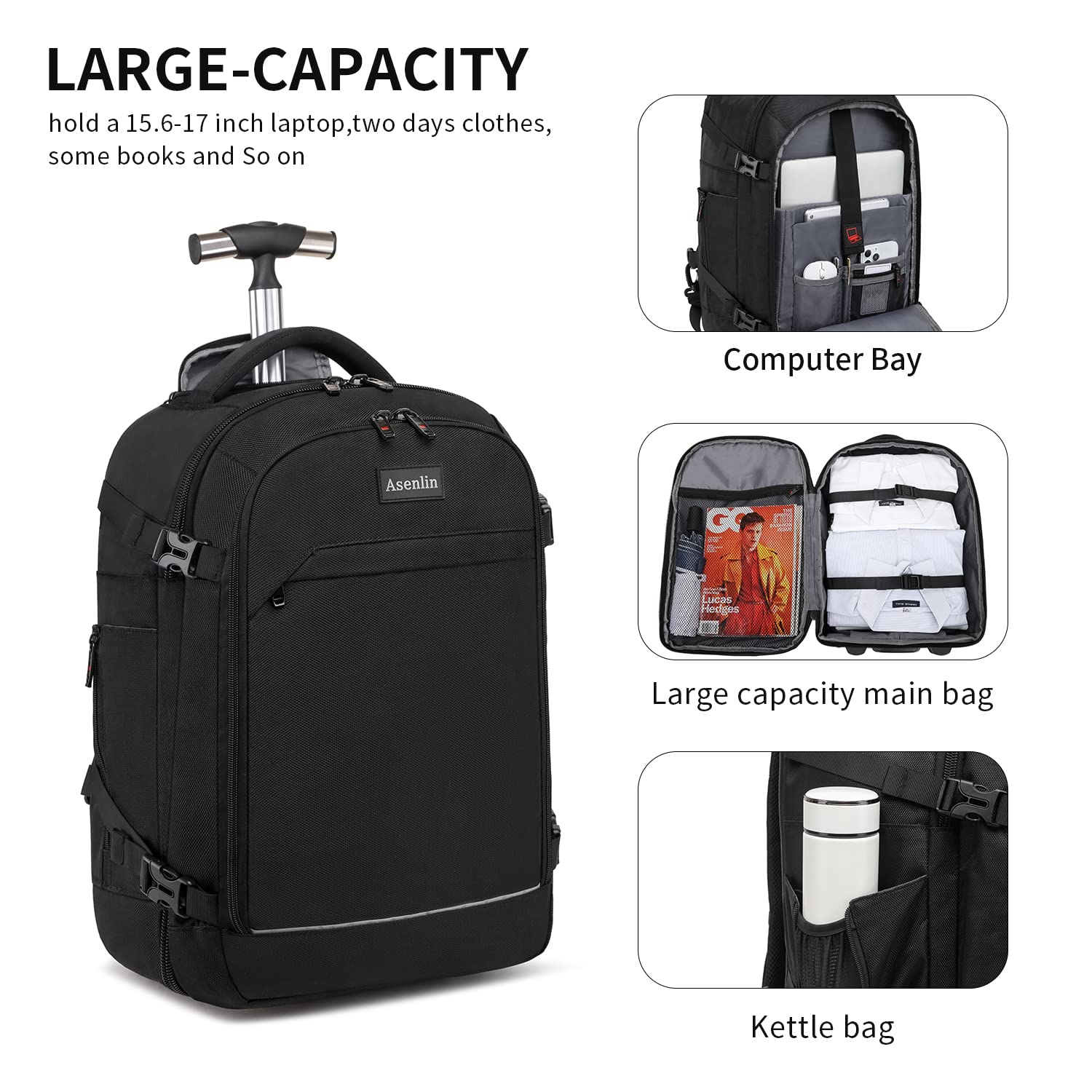 Asenlin 40L Rolling Backpack for Travel,Water Resistant Wheeled Laptop Backpack for Business,Fits 15.6-17 Inch Notebook,Durable Roller Computer Backpack for Women Men,Black