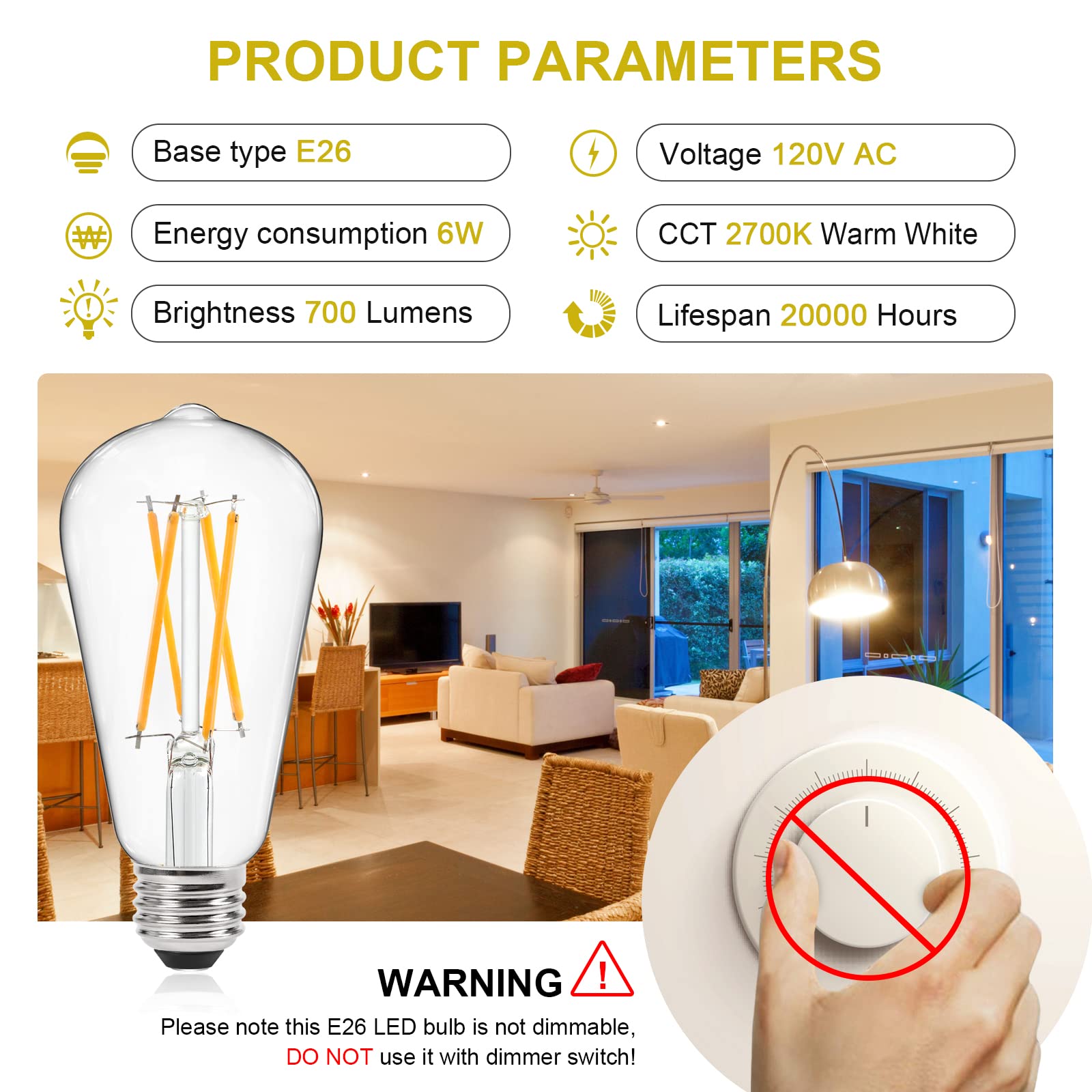 Ascher Dimmable E26 Vintage LED Edison Bulbs, 60 Watt Equivalent, Warm White 2700K, CRI 95+, Clear Glass Filament Light Bulbs for Chandeliers,Ceiling Fan,Pendant,Wall sconces, Pack of 4