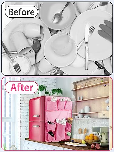 Extended Mini Fridge Caddy Organizer- 55" x 16.5" Dorm and Office Over the Fridge Caddy Organizer with 11Pockets for Flatware Drink Paper Goods- Over the Fridge Storage Organizer for Dorm Office, Pink