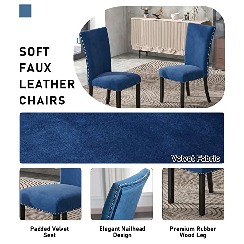 DEINPPA 7 Piece Kitchen Table Set with 1 Faux Marble Rectangular Table and Dining Chairs Set of 6 for Dining Room and Living Room (Blue)