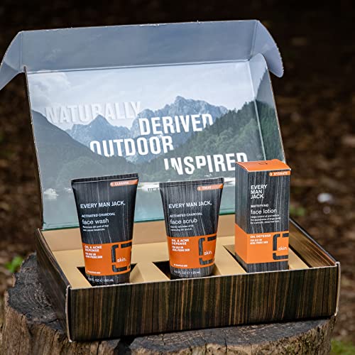 Every Man Jack Oil and Acne Defense Skin Care Set -Three Full-Size, Fragrance Free Skin Care Essentials For a Complete Routine - Activated Charcoal Face Wash, Activated Charcoal Face Scrub, and Mattifying Face Lotion