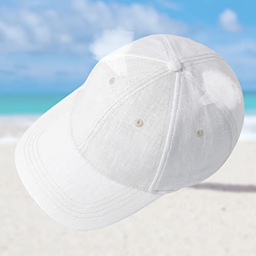 BOTVELA Linen Baseball Cap for Men Breathable Summer Dad Hat Adjustable Structured Outdoor Sports Cap (White)