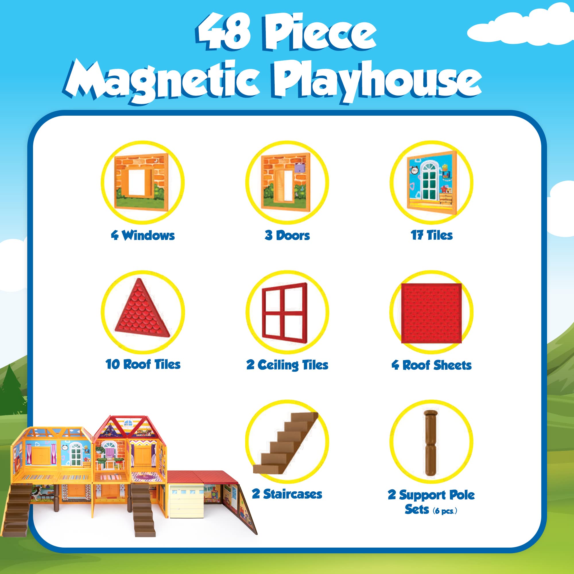 Playmags Magnetic Tiles Building Set, Dollhouse Pretend Play Toy, Creativity and Educational Magnet Blocks Stem Toys, Imaginative Birthday Gift for Kids Ages 3+