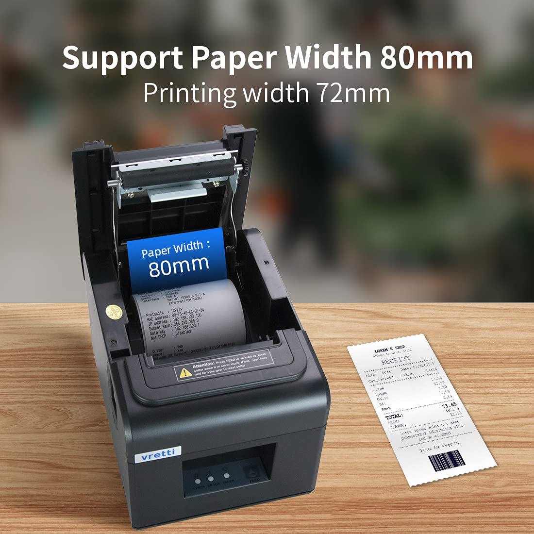 vretti Thermal Receipt Printer, 3'1/8 80mm Direct Thermal Printer with USB Serial LAN Port - Kitchen POS Printer ESC/POS Command Support Cash Drawer